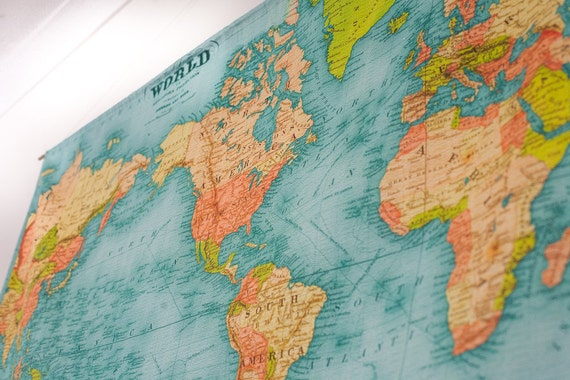 VINTAGE WORLD MAP / world map wall hanging/ vintage school