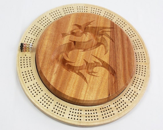Four Player Cribbage Board Dragon Mahogany and Curly Maple