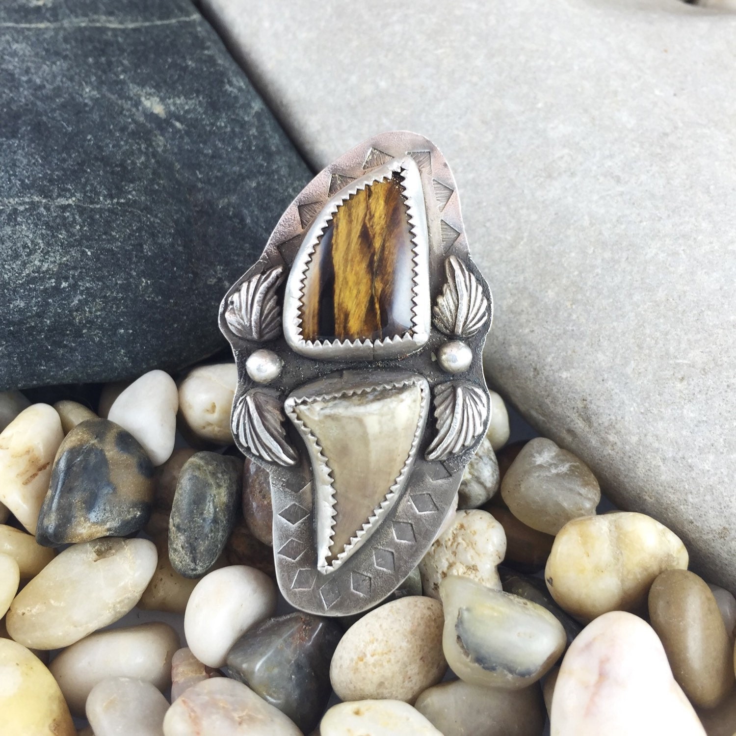 Tigereye and mosasaur tooth ring fossil tooth ring multi