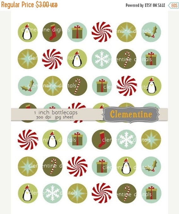 60% OFF SALE Christmas bottle cap images by ClementineDigitals