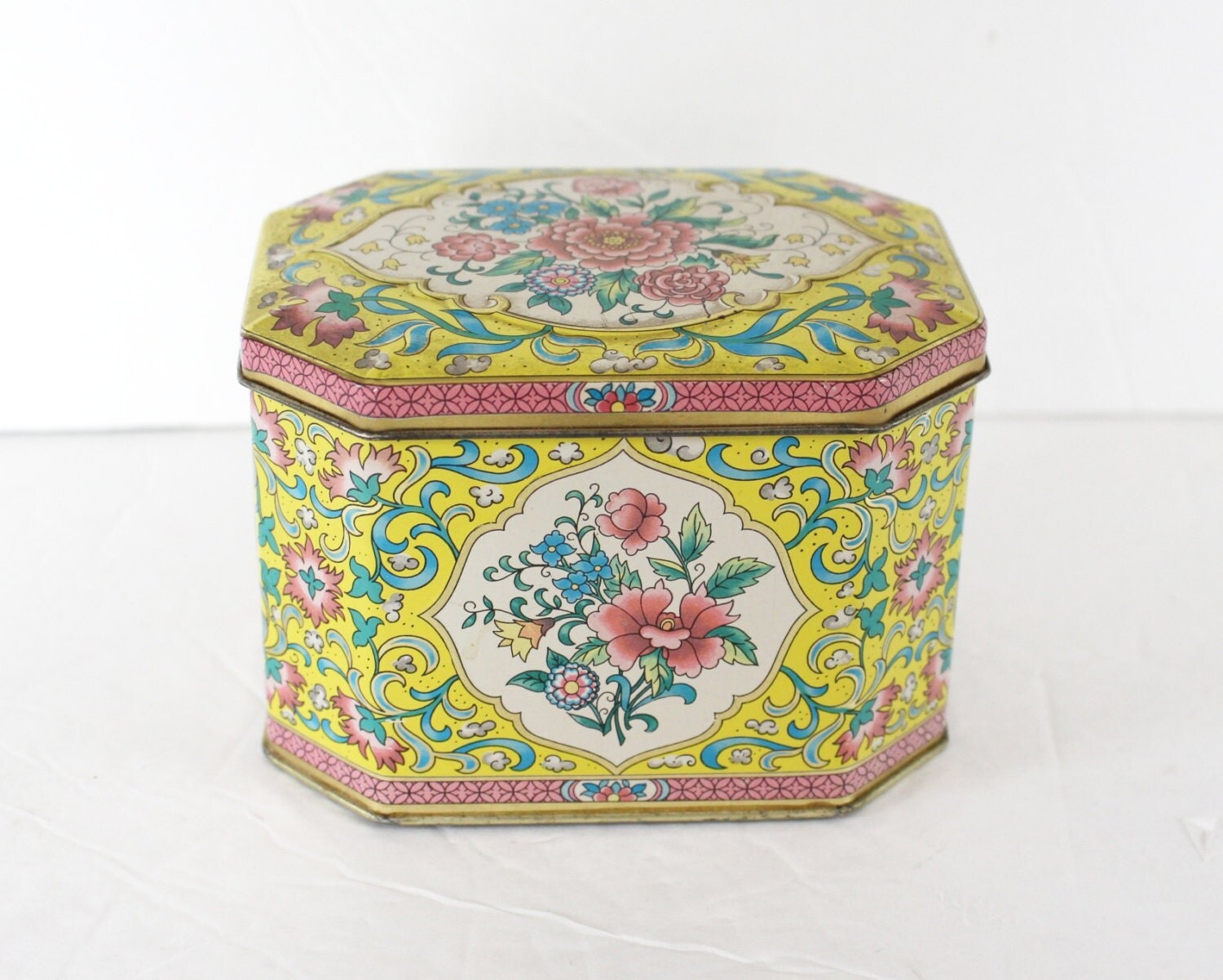 Vintage Daher Tin Box Decorated Ware Lid Yellow Floral Metal Container ...