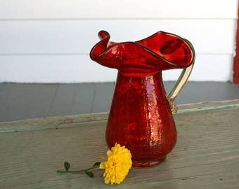 Ruby Red Pilgrim Crackle Glass Clear Handled Pitcher with