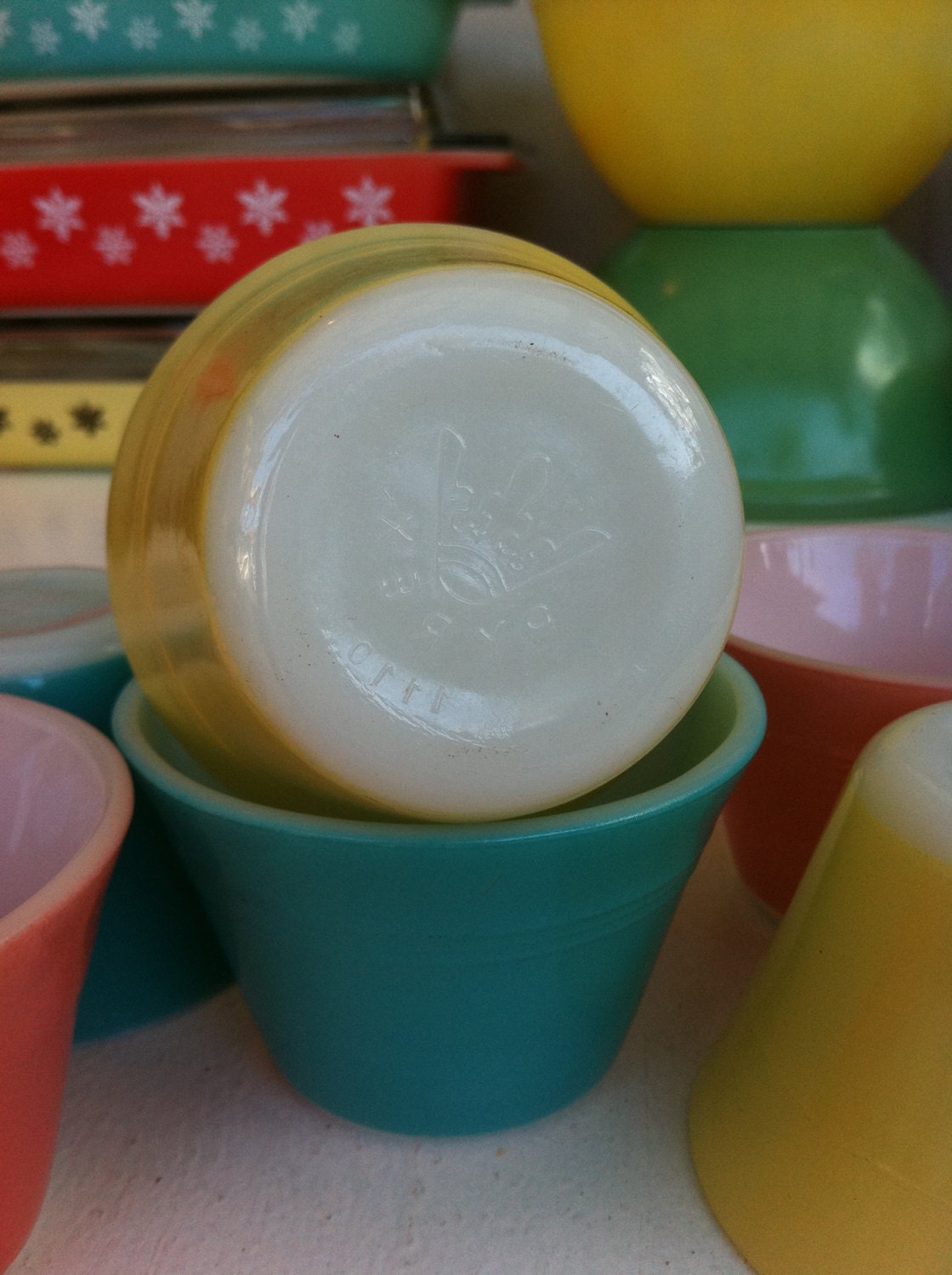 JAJ Pyrex custard cups Cute English Pyrex pink by FibsandScraps