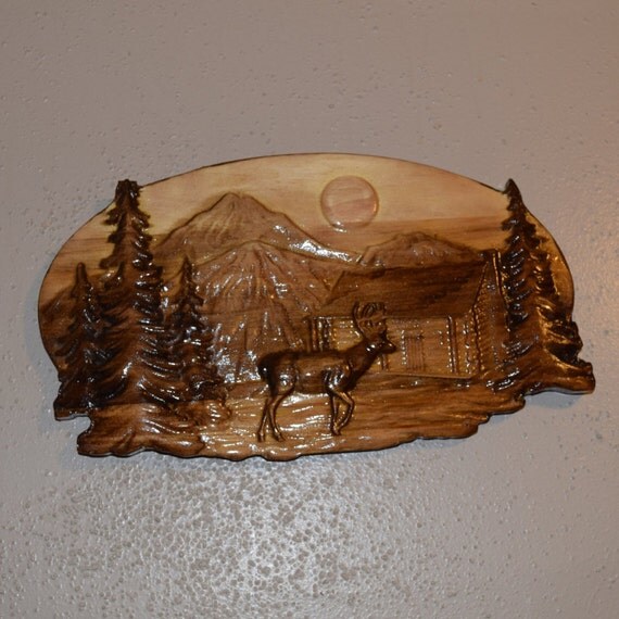 The Wilderness Cabin Deer Wood Carving Wood Art Rustic Wall