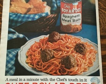 Items similar to 1950s CHEF BOYARDEE Canned Spaghetti Ad Vintage Food ...