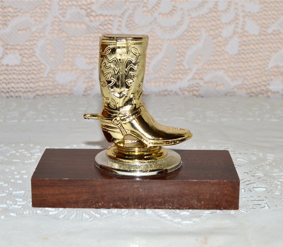 Items similar to Cowboy Boot Trophy Award Wood Base Gold Tone Boot ...