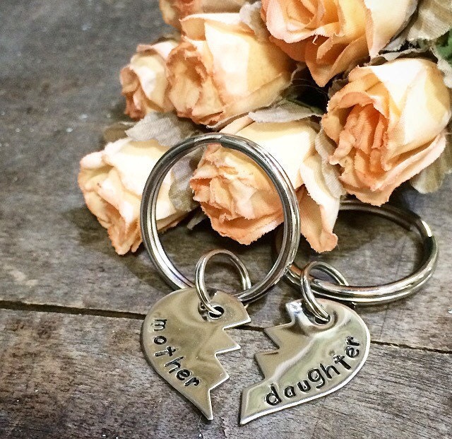 Mother Daughter Heart Keychain Set Hand Stamped Custom