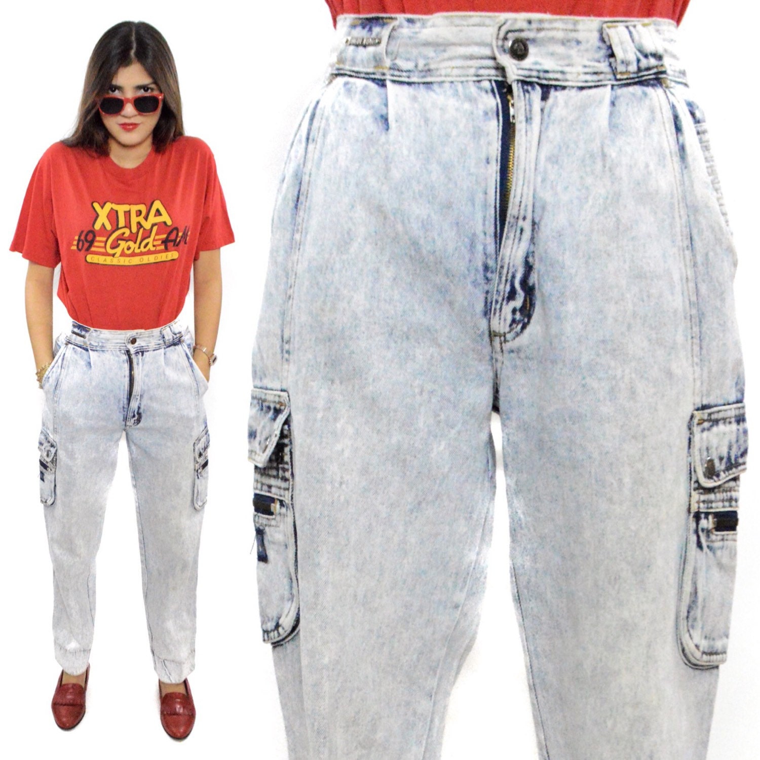 Vintage 80s Bugle Boy Global Acid Wash Baggy Denim Jeans Pants