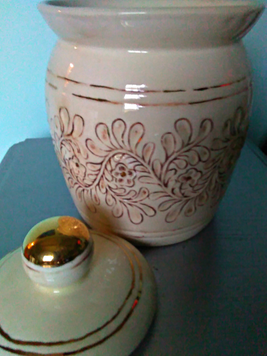 Vintage Cookie Jar Ceramic Canister with Gold Gilt by SparkleSet