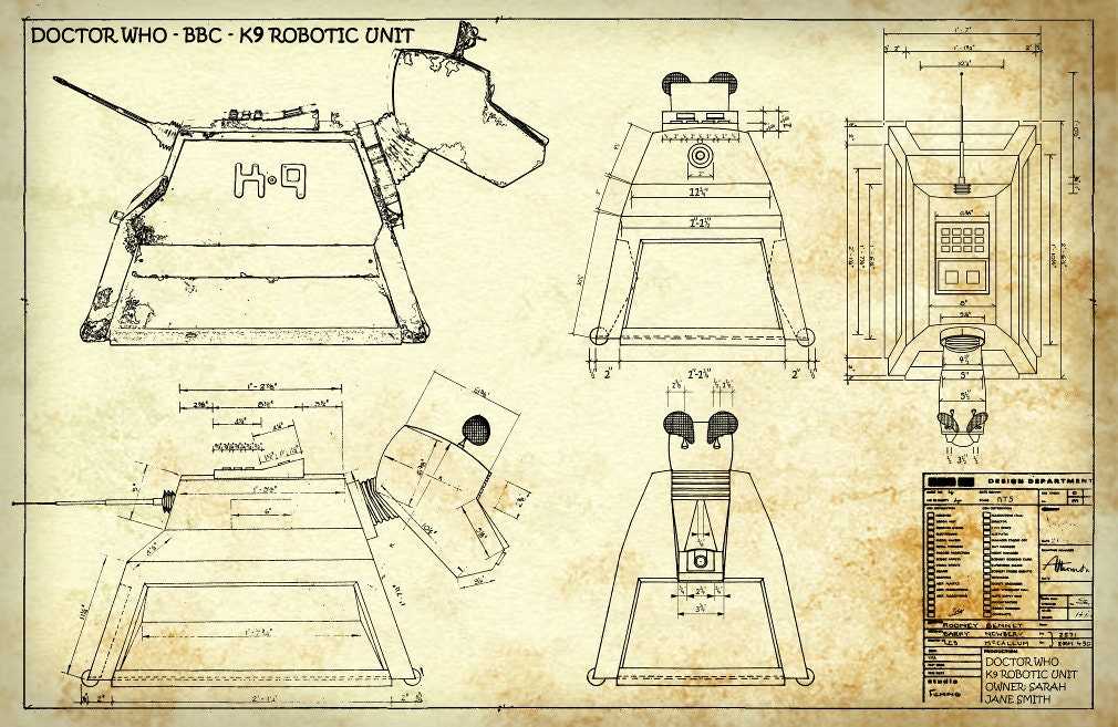 Dr Who K-9 K9 Robotic Unit Print Poster Dr Who Blueprint