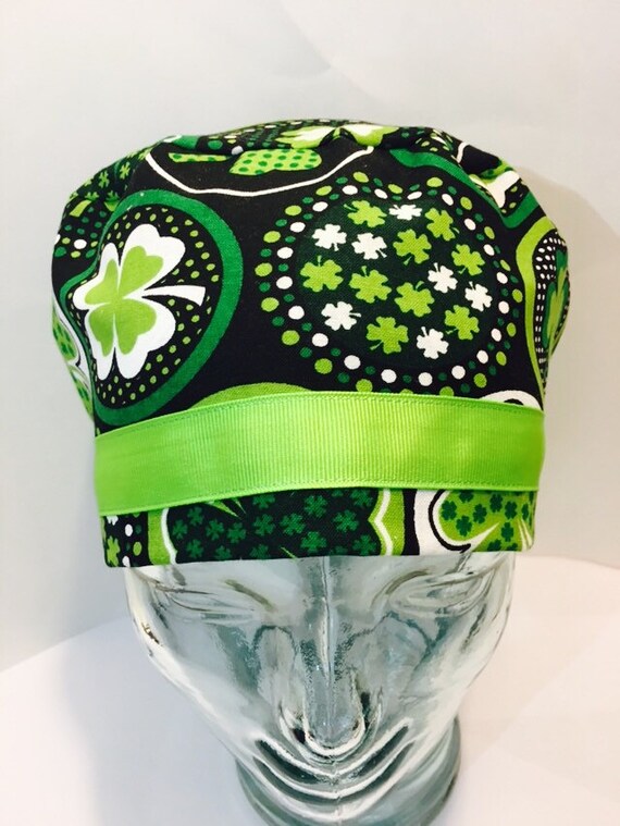 Scrub Hat European with Lime Green Trim Shamorocks and Dots
