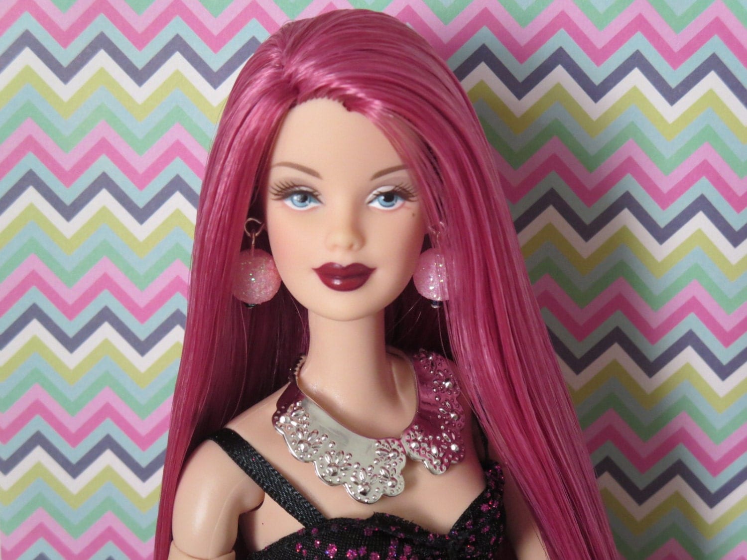 Ooak Mackie Face Barbie Doll Reroot Dark Pink Hair Made To