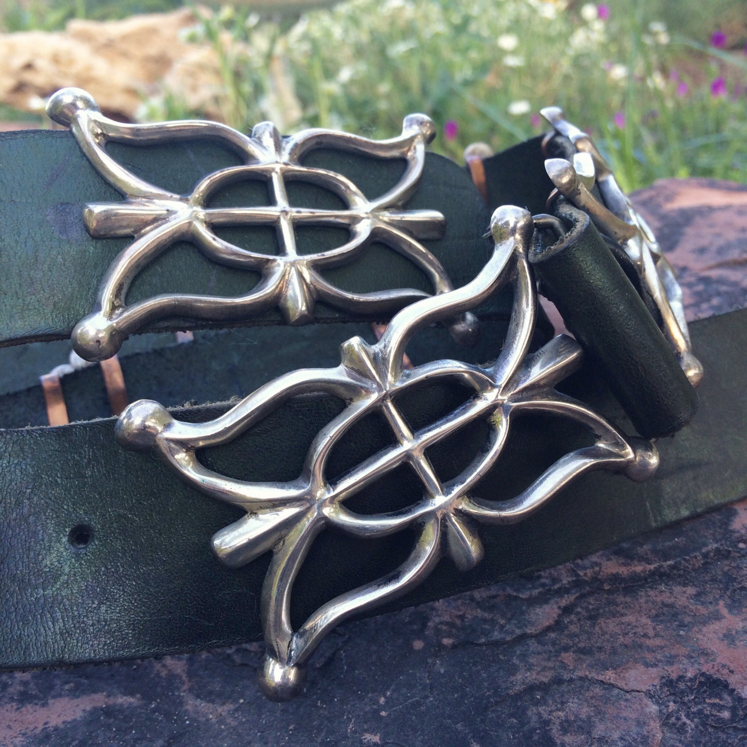 1970s silver concho belt on wide black leather, Native American belt ...