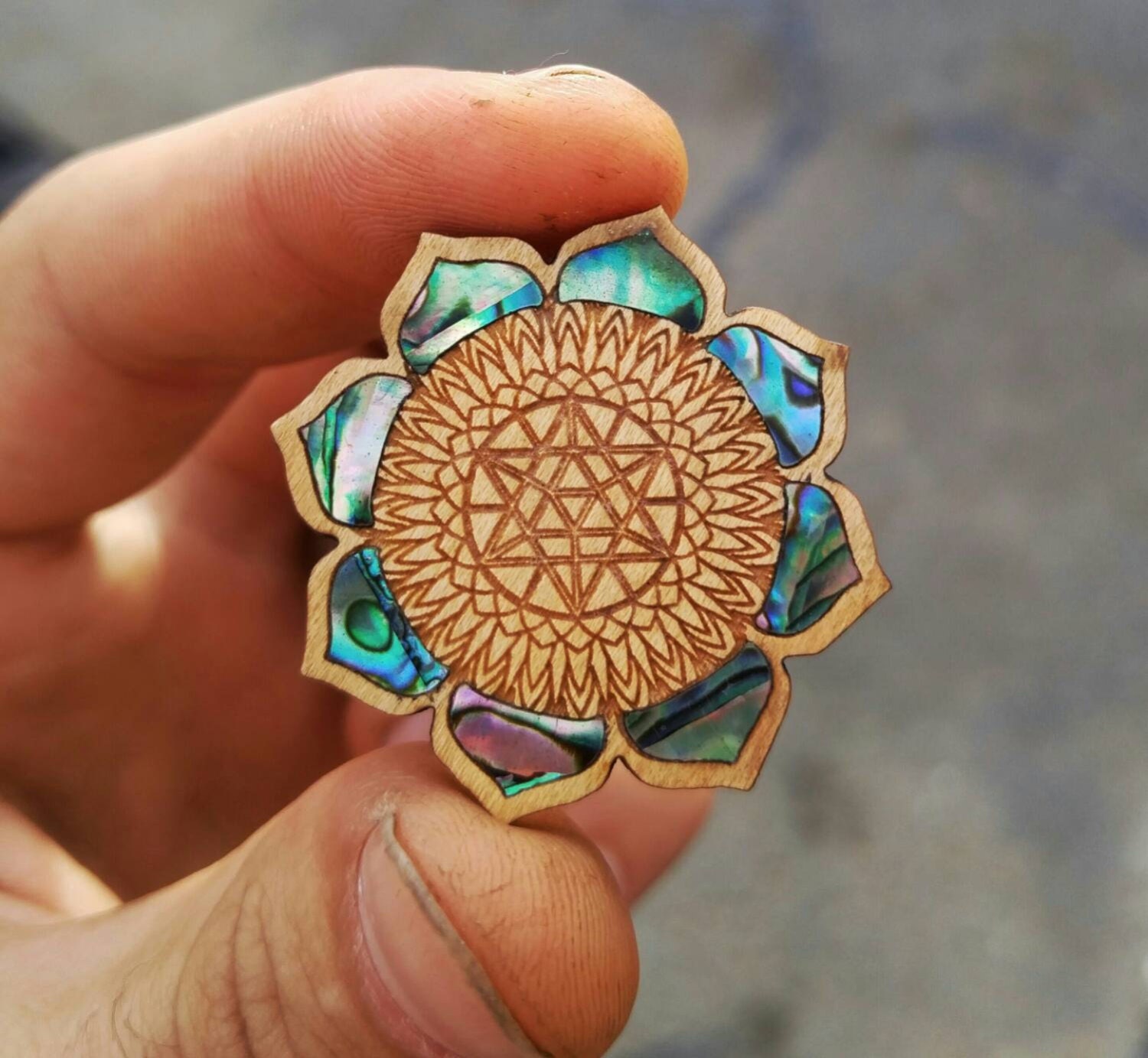 Corey divine abalone inlay geometry lotus pin