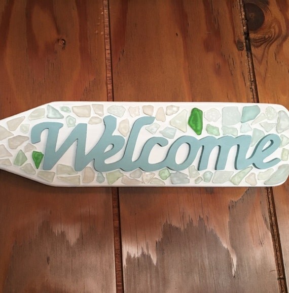 Items similar to Beach Glass Mosaic Boat Oar Welcome Sign on Etsy