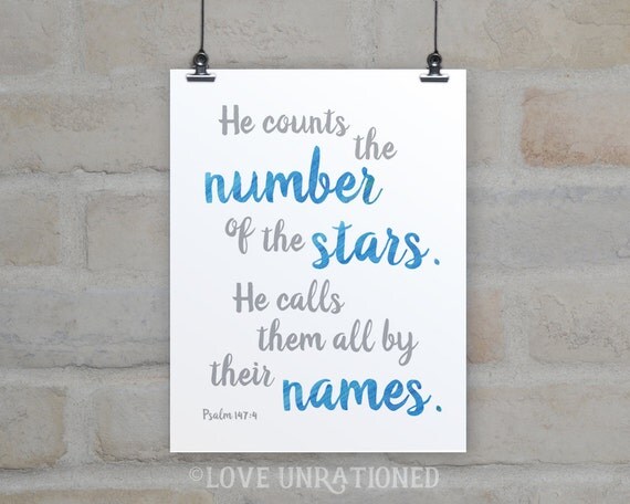 Bible verse art Number of stars Psalm 147:4 Bible verse