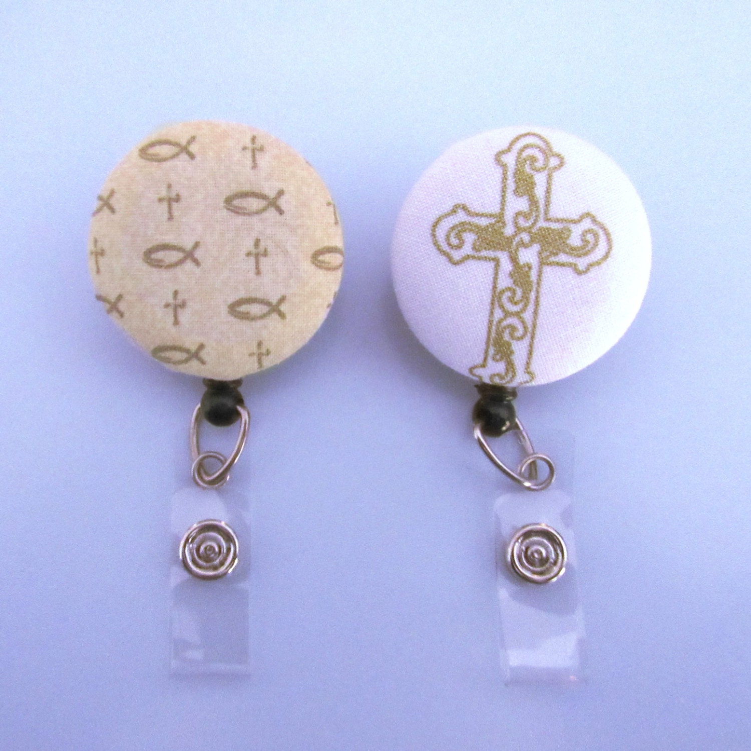Decorative religious badge reels to attach your nametag or ID