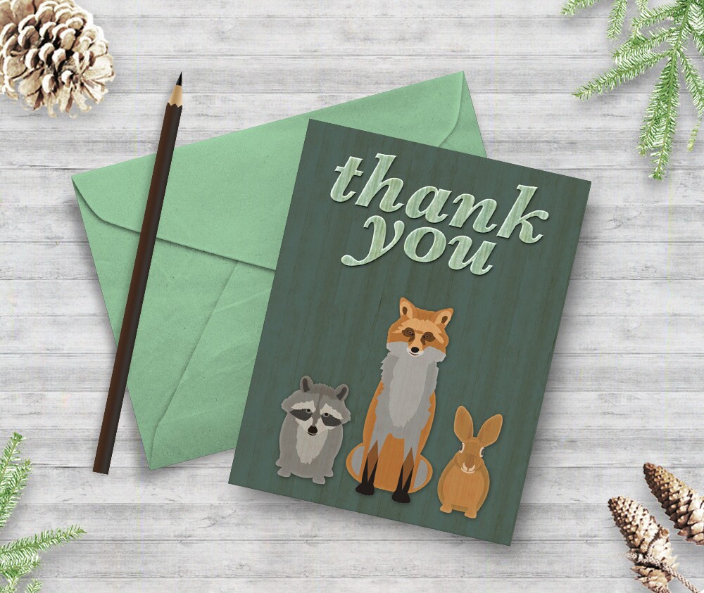 Woodland Animals Thank You Card Red Fox Raccoon by VizualStorm
