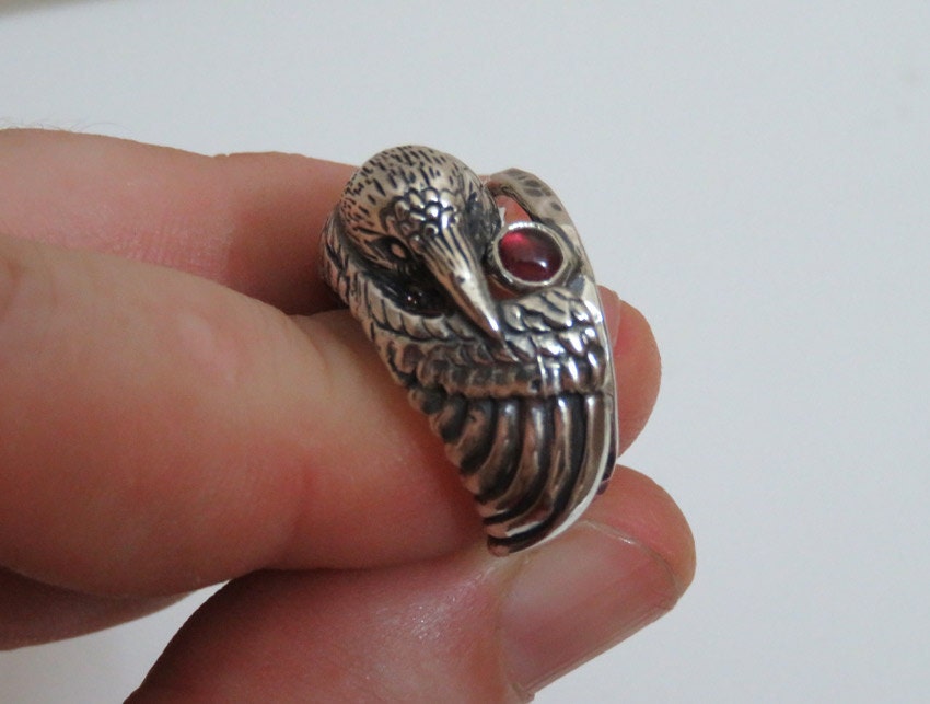 Raven Ring with Garnet Companion Sculpted Double Ring by GeshaR