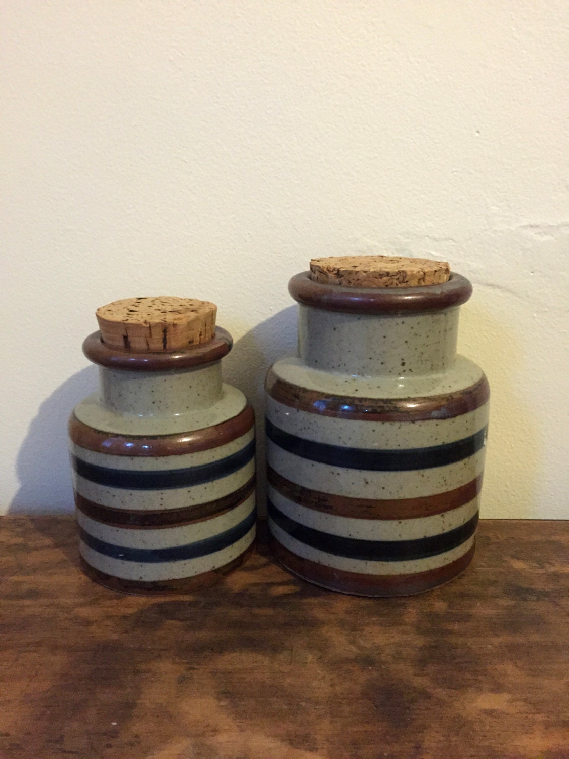 Set of 2 Vintage Ceramic Blue and Brown Striped Storage Jars with Cork ...