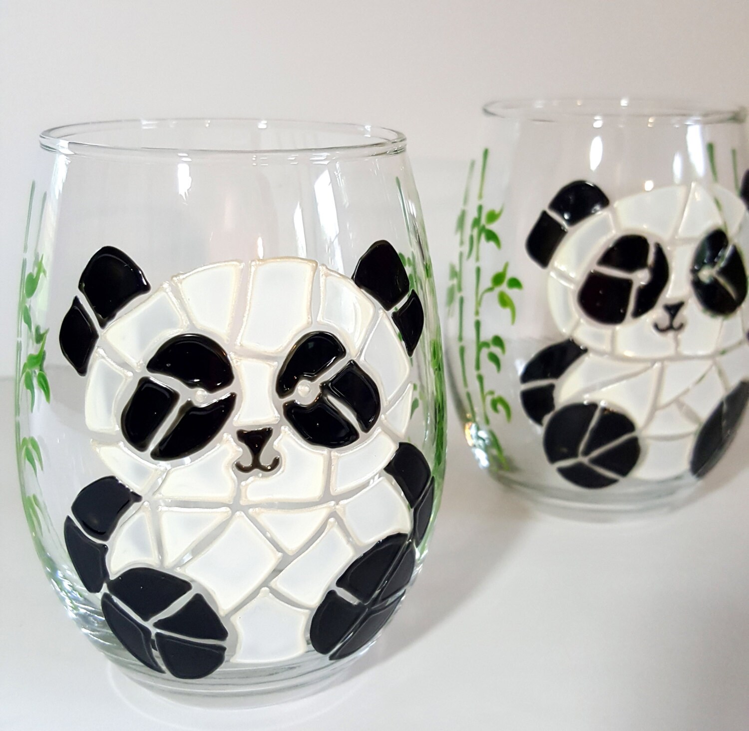 Wine Glasses Hand Painted Mosaic Panda Stemless Wine