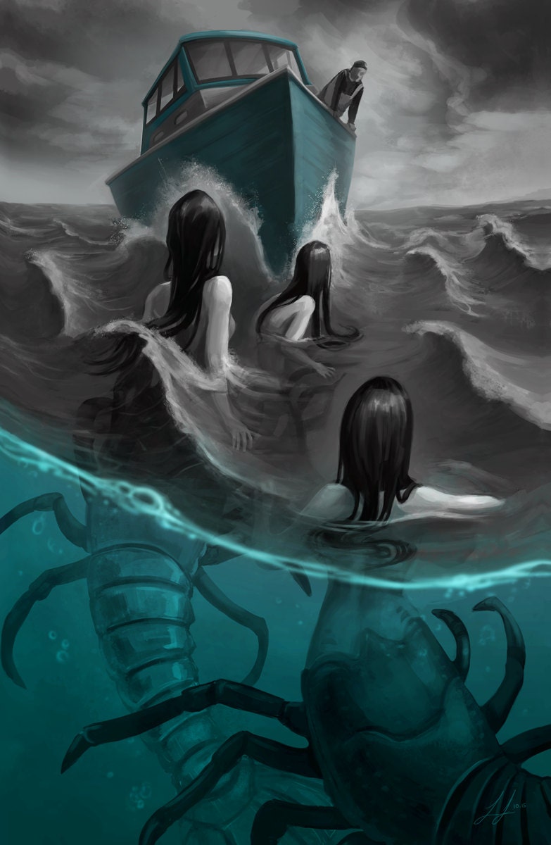 Creepy Mermaids Lobster Sirens Ocean Sea Art Illustration