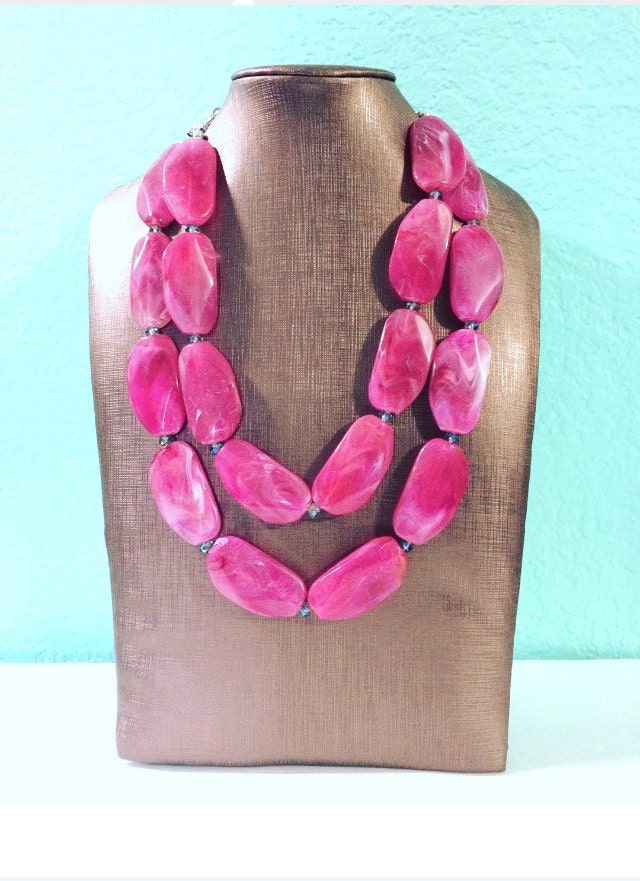 Big Bead pink Necklace Double Strand Statement Jewelry