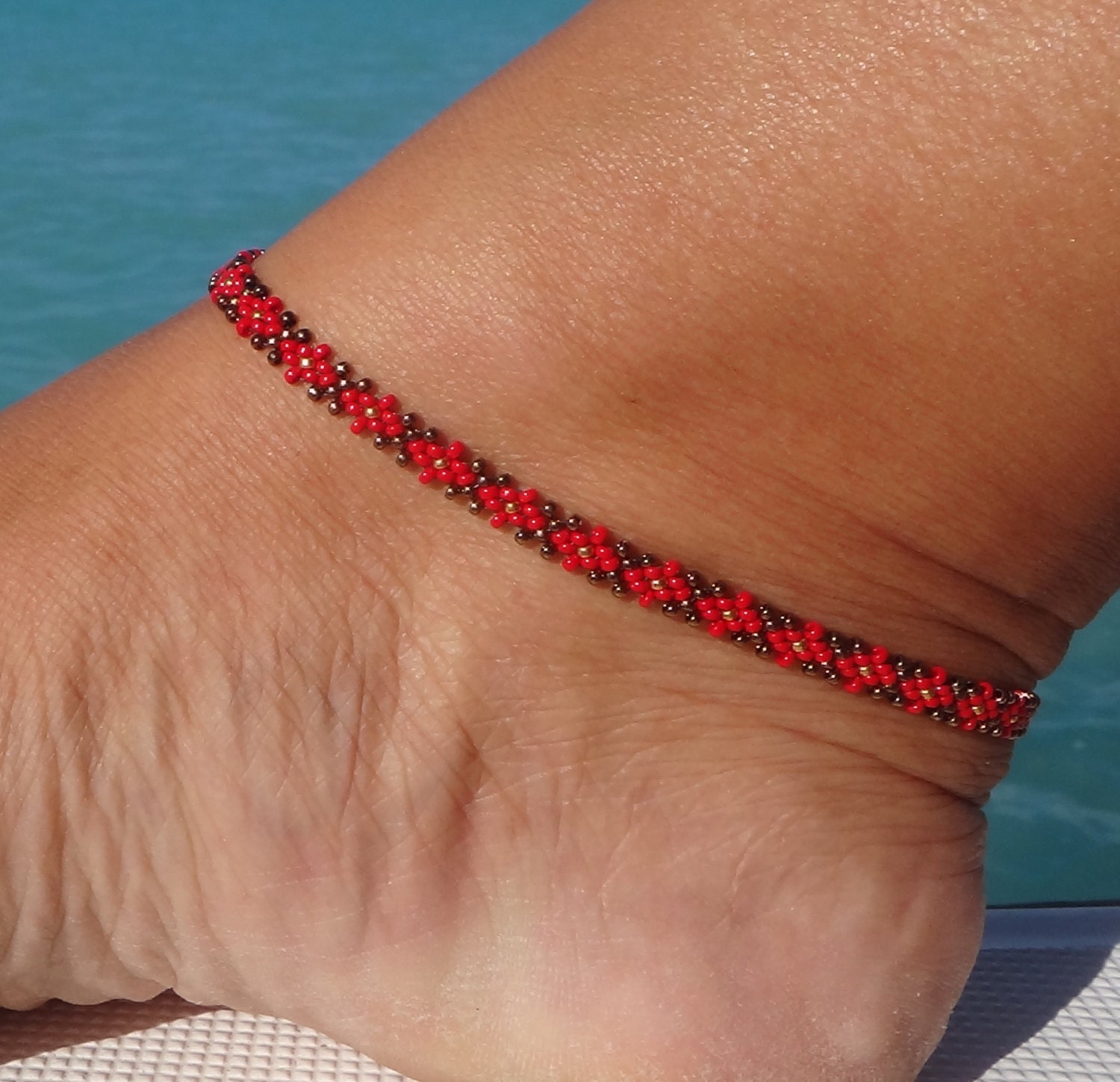 Red anklet Red Daisy Chain Ankle Bracelet Bronze Seed Bead