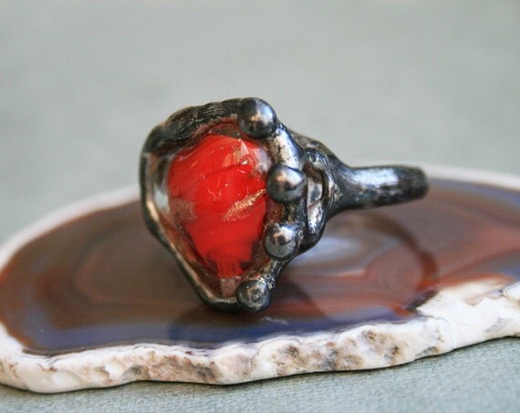 red heart red glass ring raw ring organic ring shiny