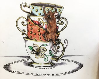 Items similar to Tea cups Coffee cups print whimsical colorful stylized ...