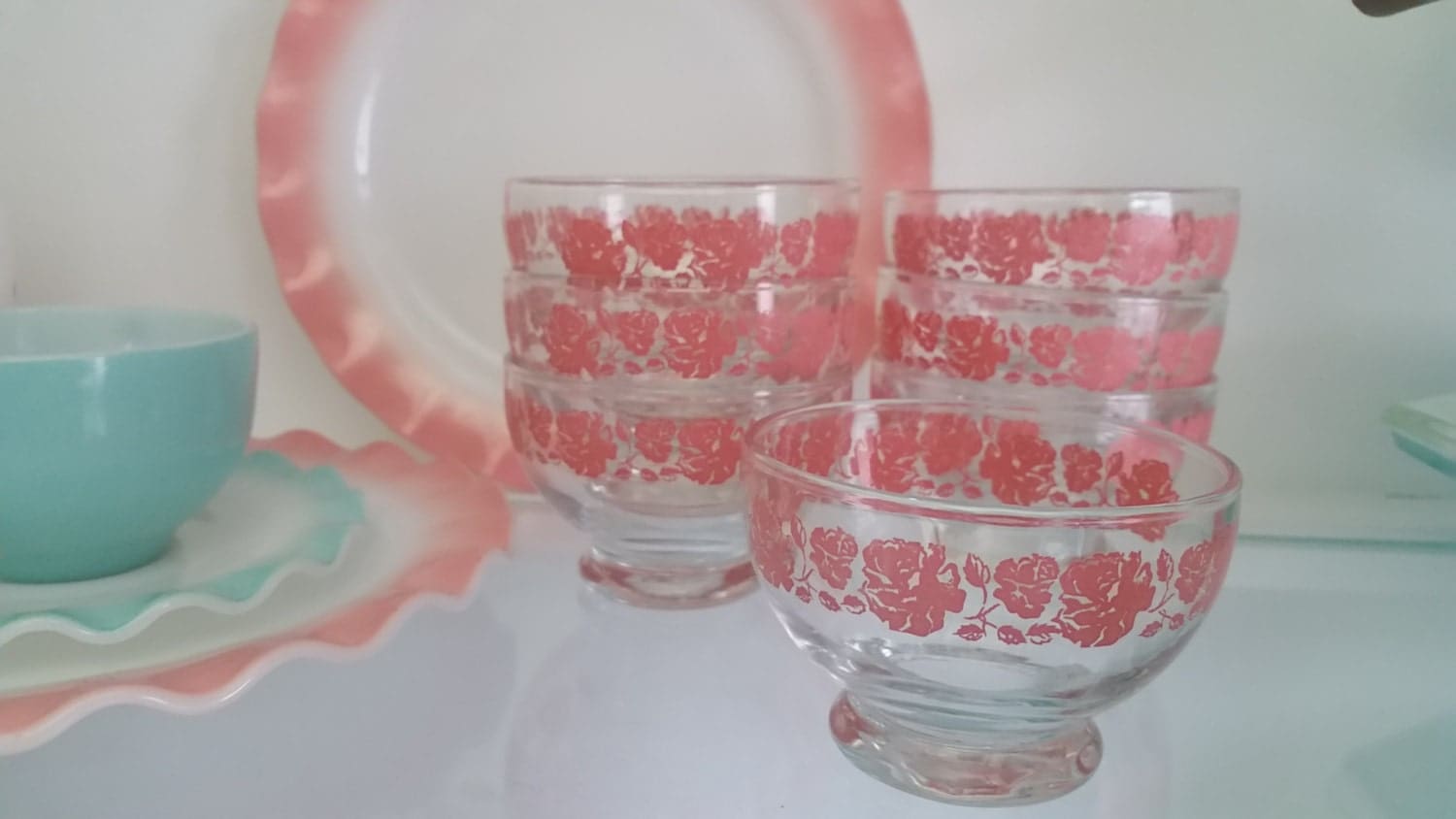 Vintage Clear Glass Dessert Bowls Fruit Bowls Pink Flowers