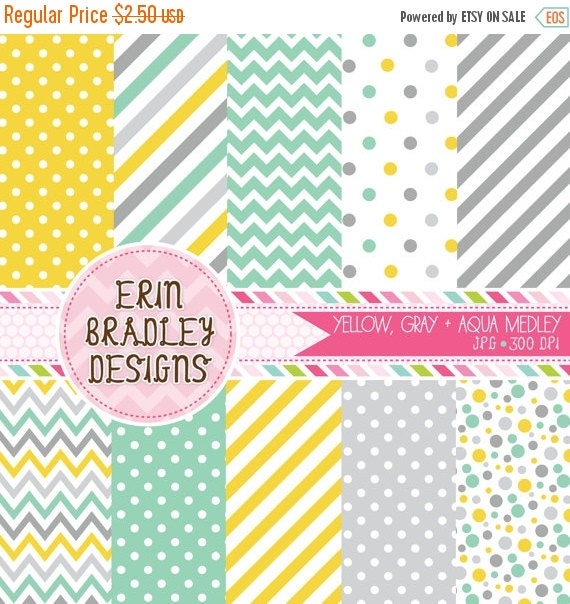 SALE Yellow Aqua & Gray Printable Digital by ErinBradleyDesigns