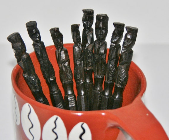 African Writing Pen Sculptured Tribal Thinker Ebony Wood