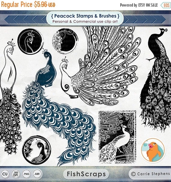 50% SALE Peacock Clip Art Printable Image Transfer by FishScraps