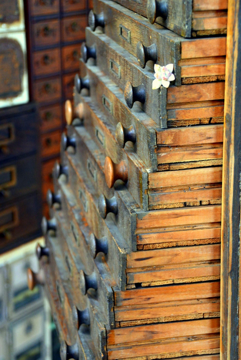 Antique Wooden Flat File Cabinet: 12 Drawer Rustic Tiger Oak