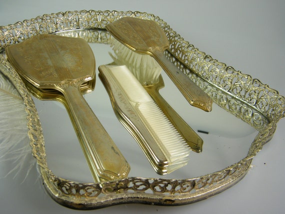Vintage Vanity Set / Brush Comb Hand Mirror & Mirror Tray