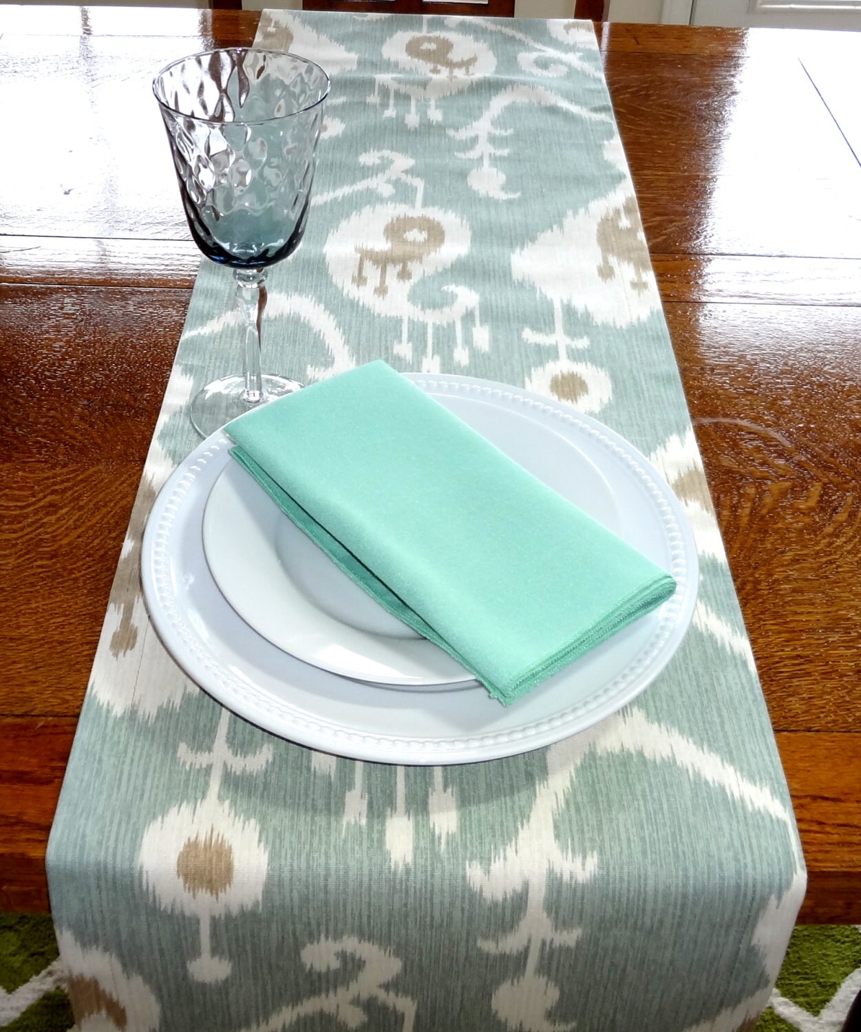 Green & Tan Ikat Table Runner Tablecloth Seafoam Green Ikat