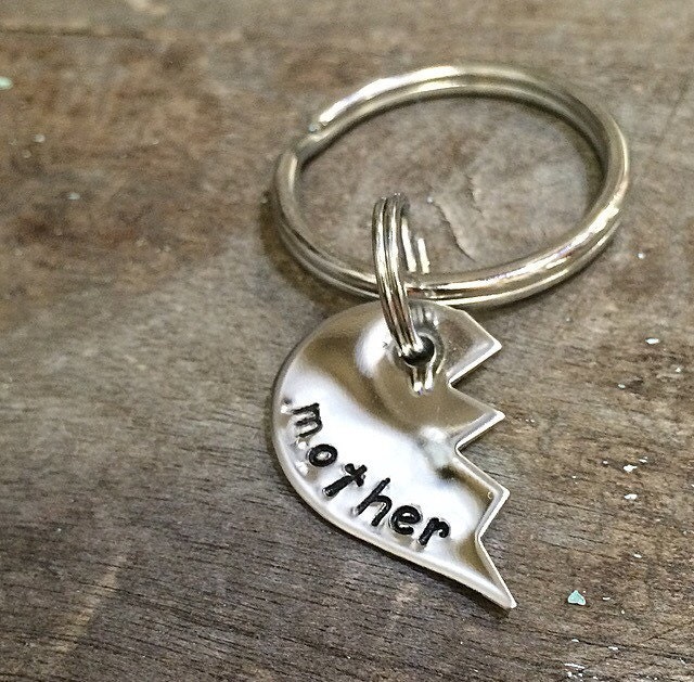 Mother Daughter Heart Keychain Set Hand Stamped Custom