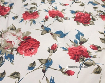 Large Rose Cotton Fabric Pink Rose Dots on Off White by fabricmade