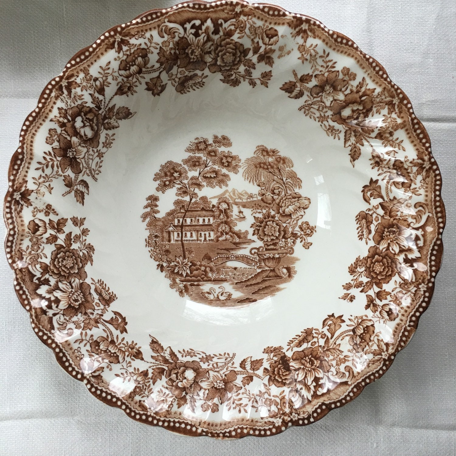 English Transferware Brown Transferware Tonquin Serving Bowl