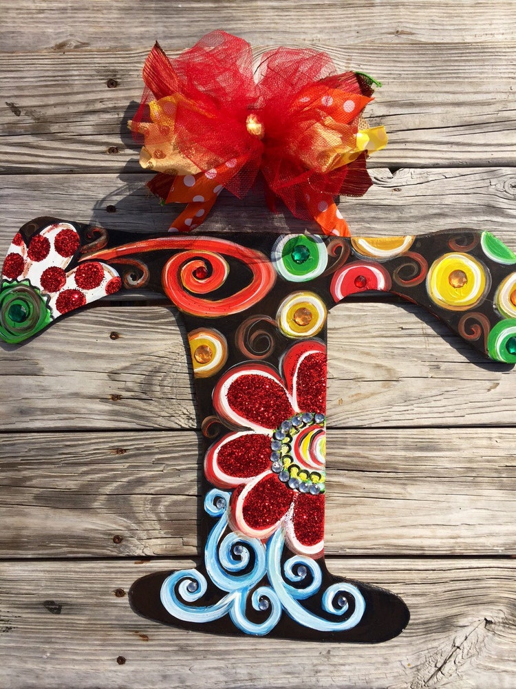 Colorful personalized Wood initial Door by PaintingBoutiquellc