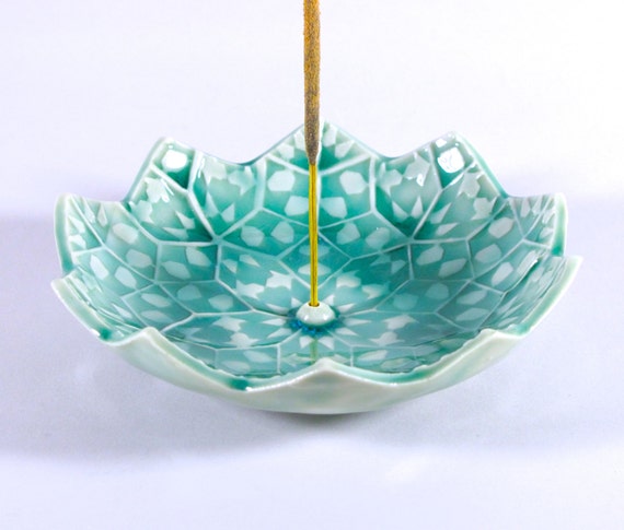 Lotus Blossom Incense Burner Emerald Green by BarchilonCeramics