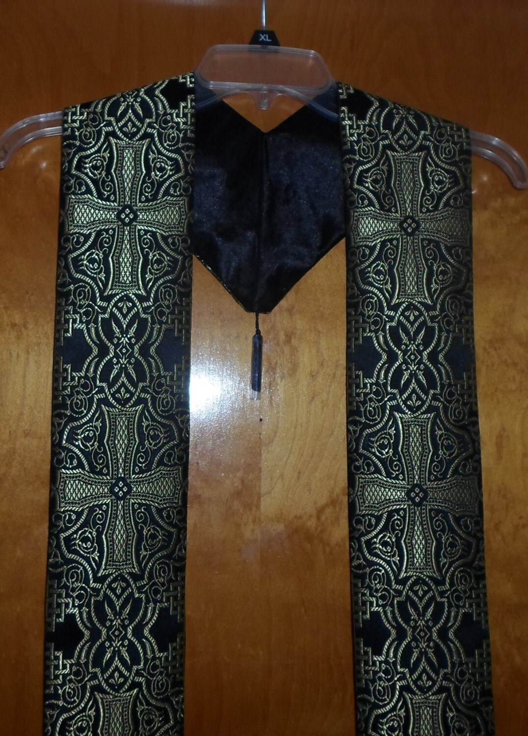 Black Satin Clergy Stole REVERSIBLE Metallic gold Cross