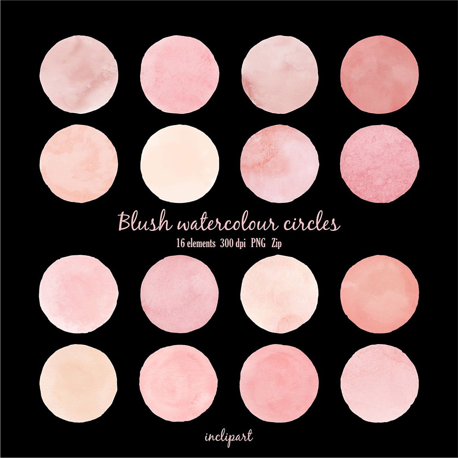 Watercolour circles digital clipart. Blush rose cream