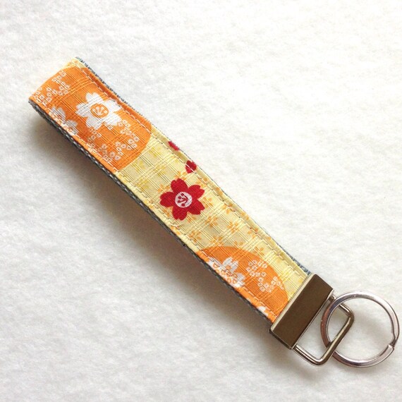Japanese Wristlet Key Fob Fabric Keychain orange sakura