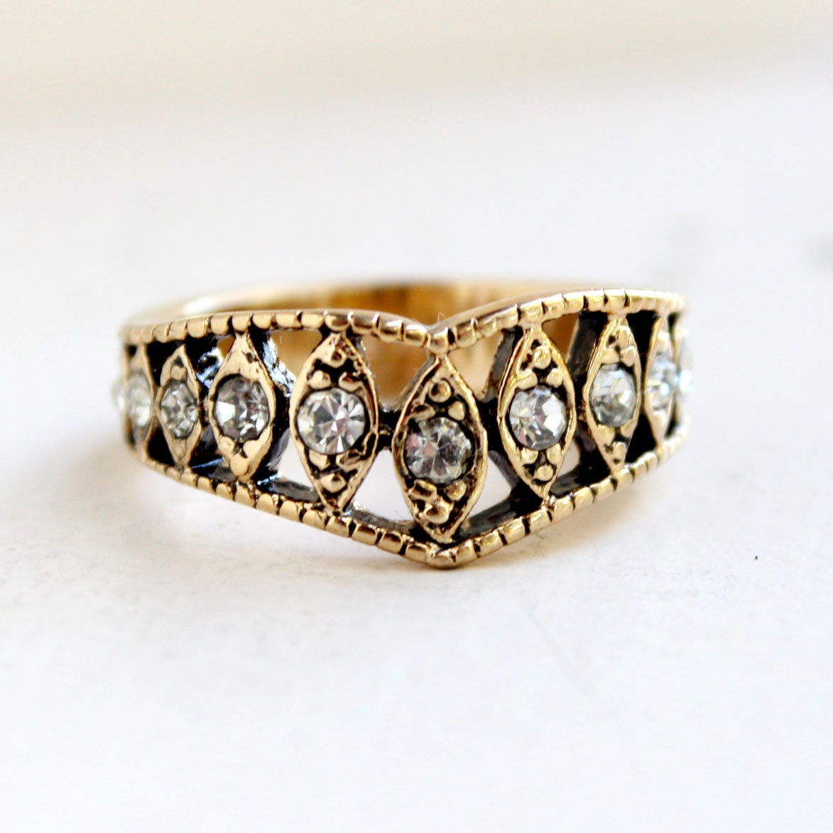 Vintage Edwardian Ring Antique Gold Tone with Clear Austrian