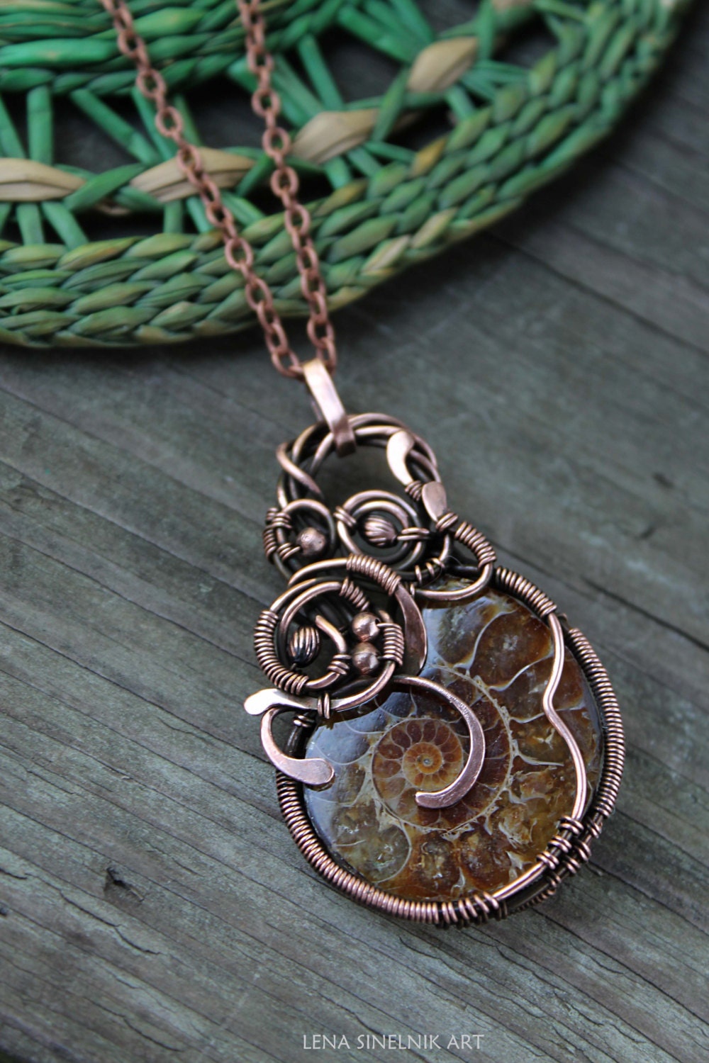 Ammonite pendant Wire wrapped pendant Copper necklace ammonite