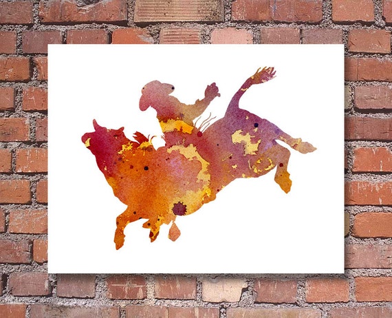 Bull Rider Art Print Abstract Watercolor Painting Wall