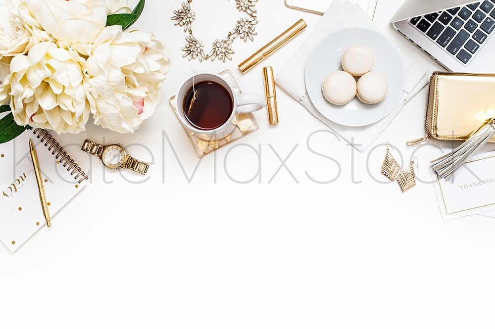 Gold Styled Desk Stock Photo with Macarons / Styled Stock
