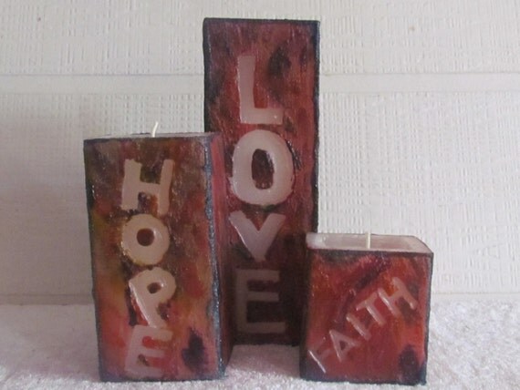 Faith Love Hope Decorative Pillar Candle by CandleCravingsStore